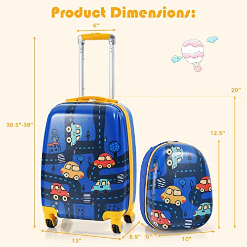 Goplus Kids Luggage Set, 12" & 18" Kids Carry On Luggage Set, Multi-directional Wheels Suitcase, Large Capacity Rolling Trolley Suitcase, Gift for Boys and Girls Toddlers Children Travel (Car)