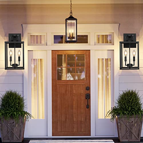 PARTPHONER Large Outdoor Light Fixutre 2-Light, Dusk to Dawn Outdoor Lighting Farmhouse Front Porch Light Exterior Wall Lantern Sconce with Clear Glass for Entryway Doorway House Garage