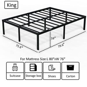 EMODA 16 Inch Platform King Bed Frame No Box Spring Needed, Heavy Duty Metal Mattress Foundation with Sturdy Steel Slats Support, Noise Free, Easy Assembly, Black