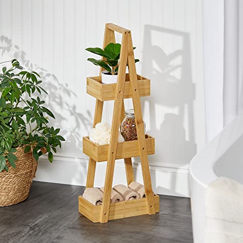 mDesign Leaning A-Frame 3-Tiered Triangle Shelf for Bathroom, Free-Standing Wood Bamboo Ladder Storage Rack Room Decor Shelves, Decorative Organizer Bins for Towels, Hand Soap, Toiletries, Natural