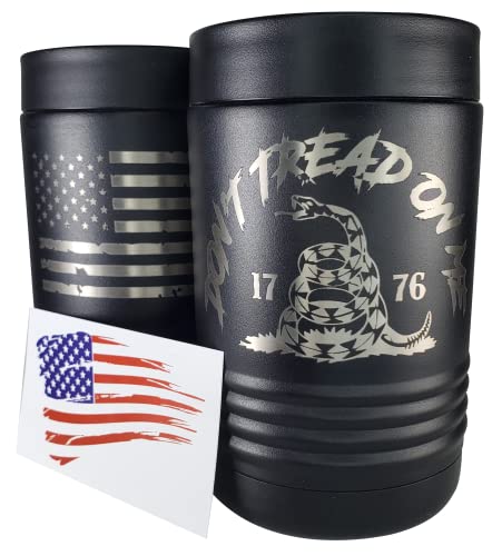 Gadsden Flag Don't Tread On Me - DTOM Double Walled Stainless Steel Insulated Can Cooler – Holds 12 or 16 oz Cans or 12 oz Bottles - Two-Sided Engraving - Includes USA Flag Sticker (Gadsden Flag)