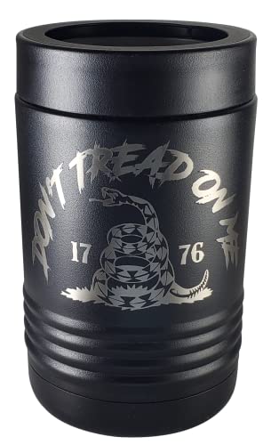 Gadsden Flag Don't Tread On Me - DTOM Double Walled Stainless Steel Insulated Can Cooler – Holds 12 or 16 oz Cans or 12 oz Bottles - Two-Sided Engraving - Includes USA Flag Sticker (Gadsden Flag)