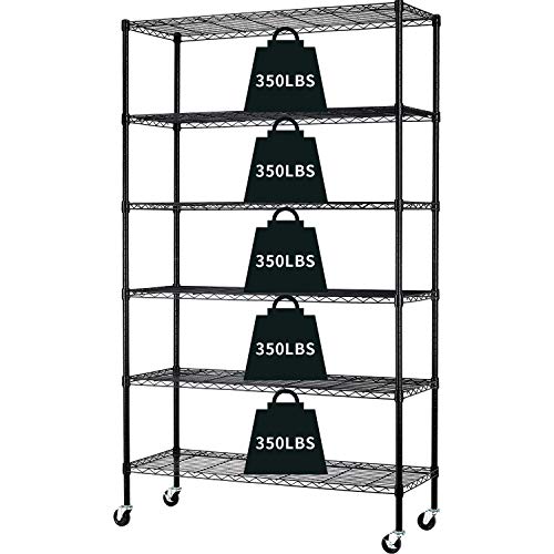 HCY 6-Tier Storage Shelf Shelving Unit Rolling Shelves Heavy Duty Metal Rack 82''x48''x18'' NSF Height Adjustable with Wheels for Garage Kitchen Pantry Organization 2100 LBS Capacity, HY-WS-776-BLACK