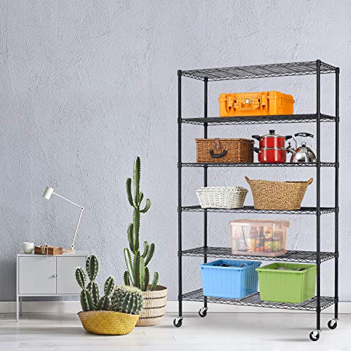 HCY 6-Tier Storage Shelf Shelving Unit Rolling Shelves Heavy Duty Metal Rack 82''x48''x18'' NSF Height Adjustable with Wheels for Garage Kitchen Pantry Organization 2100 LBS Capacity, HY-WS-776-BLACK