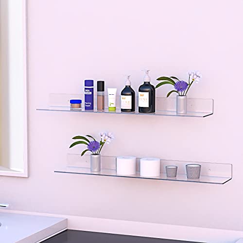 Sezanrpt 36 Inches Clear Long Floating Shelves for Wall, Acrylic Long Wall Shelf, Wall Mounted Shelves for Plants, Radio, Funko Pop, Books, Picture Frame, Clock, Cosmetics, Toiletries, 2 Pack