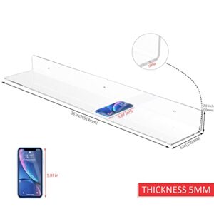 Sezanrpt 36 Inches Clear Long Floating Shelves for Wall, Acrylic Long Wall Shelf, Wall Mounted Shelves for Plants, Radio, Funko Pop, Books, Picture Frame, Clock, Cosmetics, Toiletries, 2 Pack