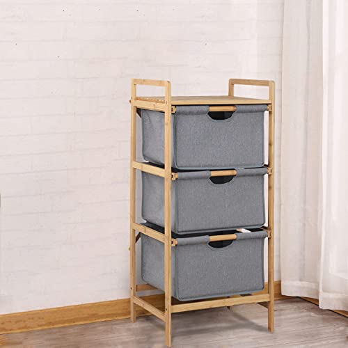 Bamboo Laundry Hamper Shelf with 3 Pull Out Drawers Baskets Freestanding Storage Shelf with Removable Sliding Bags & Shelf for Bathroom Bedroom Clothes Organize (Style1)