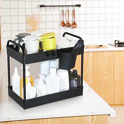 DILUOOU Under Sink Organizer and Storage,2 Tier Bathroom Countertop Organizer, Under Cabinet Organizer Baskets, Under Sink Storage for Bathroom Kitchen with Hooks & Hanging Cup,Black