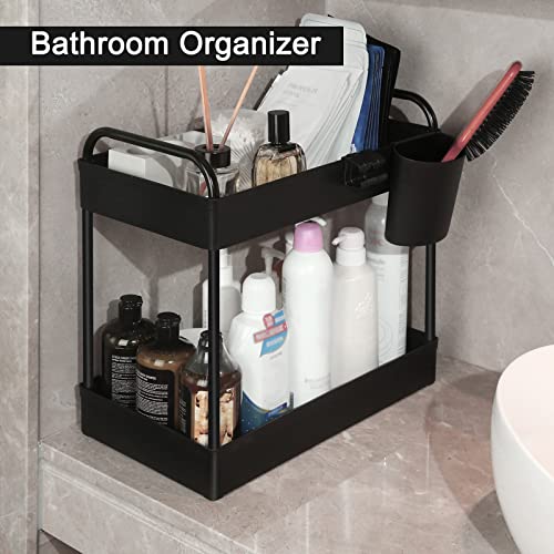 DILUOOU Under Sink Organizer and Storage,2 Tier Bathroom Countertop Organizer, Under Cabinet Organizer Baskets, Under Sink Storage for Bathroom Kitchen with Hooks & Hanging Cup,Black