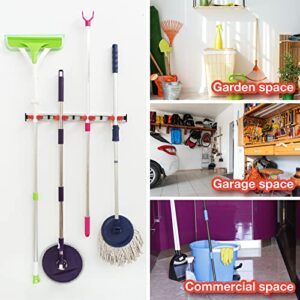 20" Broom Holder Wall Mount - 4 Sliding Broom Hangers and 5 Mop Holders, Moveable Wall Hanging Organizer for Garage, Restaurant, Kitchen and Laundry Room, Perfect for Cleaning Supplies.