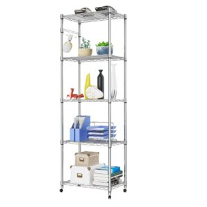 bathwa 5-tier wire shelving unit on wheels, heavy duty rolling shelving rack, chrome shelves for bathroom, kitchen, living room