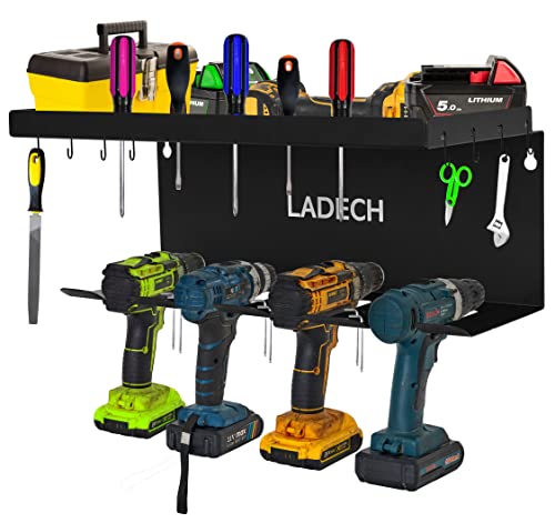 LADECH Cordless Drill Tool Organizer - Drill holder storage wall mount shelf rack and charging station to optimize garage organization and power tool storage (Drill holder & Shelf)