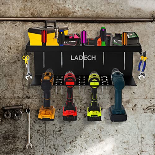 LADECH Cordless Drill Tool Organizer - Drill holder storage wall mount shelf rack and charging station to optimize garage organization and power tool storage (Drill holder & Shelf)