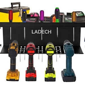 LADECH Cordless Drill Tool Organizer - Drill holder storage wall mount shelf rack and charging station to optimize garage organization and power tool storage (Drill holder & Shelf)