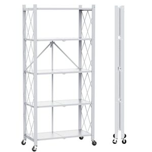 Mochubang Foldable Storage Shelves Unit, 5-Tier Folding Shelf Steel Shelving Rack Organizer Cart with Rolling Wheels for Mobile in Kitchen, Warehouse, Closet, Patio, Pantry Organization (White)