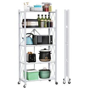 mochubang foldable storage shelves unit, 5-tier folding shelf steel shelving rack organizer cart with rolling wheels for mobile in kitchen, warehouse, closet, patio, pantry organization (white)