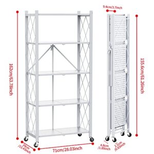 Mochubang Foldable Storage Shelves Unit, 5-Tier Folding Shelf Steel Shelving Rack Organizer Cart with Rolling Wheels for Mobile in Kitchen, Warehouse, Closet, Patio, Pantry Organization (White)