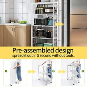 Mochubang Foldable Storage Shelves Unit, 5-Tier Folding Shelf Steel Shelving Rack Organizer Cart with Rolling Wheels for Mobile in Kitchen, Warehouse, Closet, Patio, Pantry Organization (White)