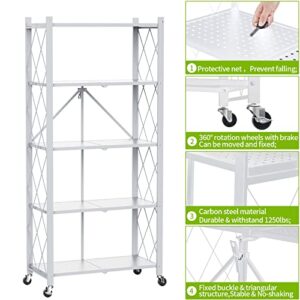 Mochubang Foldable Storage Shelves Unit, 5-Tier Folding Shelf Steel Shelving Rack Organizer Cart with Rolling Wheels for Mobile in Kitchen, Warehouse, Closet, Patio, Pantry Organization (White)