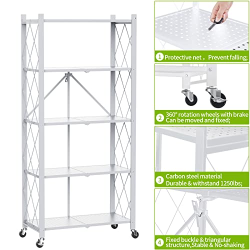 Mochubang Foldable Storage Shelves Unit, 5-Tier Folding Shelf Steel Shelving Rack Organizer Cart with Rolling Wheels for Mobile in Kitchen, Warehouse, Closet, Patio, Pantry Organization (White)