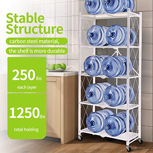 Mochubang Foldable Storage Shelves Unit, 5-Tier Folding Shelf Steel Shelving Rack Organizer Cart with Rolling Wheels for Mobile in Kitchen, Warehouse, Closet, Patio, Pantry Organization (White)