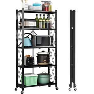 mochubang foldable storage shelves unit, 5 tier folding shelf steel shelving rack with wheels for mobile storage in kitchen, warehouse, closet, patio, pantry, no assembly, 1250 lbs capacity, black