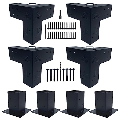 EZ Shades - DIY Pergola Brackets Kit for 4x4 Lumber, (4) Black Steel Corner Brackets and (4) Post Base,Powder Coated Pergola Hardware with Accessories. (EZFSG2)