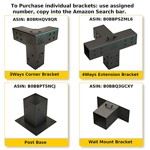 EZ Shades - DIY Pergola Brackets Kit for 4x4 Lumber, (4) Black Steel Corner Brackets and (4) Post Base,Powder Coated Pergola Hardware with Accessories. (EZFSG2)