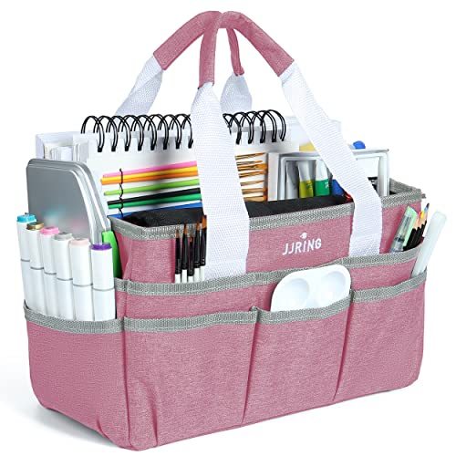 JJRING Craft Organizer Tote Bag, Art Storage Caddy with Multiple Pockets, Pink Sewing Bag for Art, Craft, Scrapbooking, School, Medical, and Office Supplies Storage