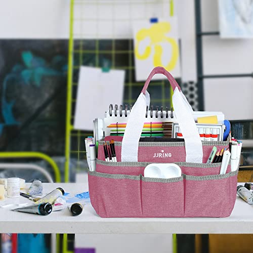 JJRING Craft Organizer Tote Bag, Art Storage Caddy with Multiple Pockets, Pink Sewing Bag for Art, Craft, Scrapbooking, School, Medical, and Office Supplies Storage