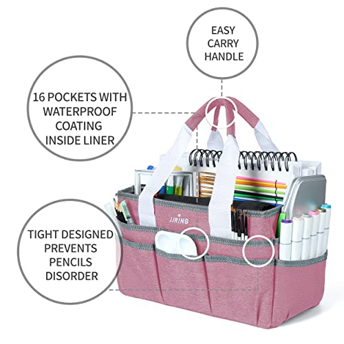 JJRING Craft Organizer Tote Bag, Art Storage Caddy with Multiple Pockets, Pink Sewing Bag for Art, Craft, Scrapbooking, School, Medical, and Office Supplies Storage