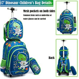 Egchescebo School Bags Kids Rolling Dinosaur Backpack for Boys Luggage Suitcase With Wheels Trolley Wheeled Backpacks for Boys Travel Bags 3PCS Cat Backpack With Lunch Box Blue