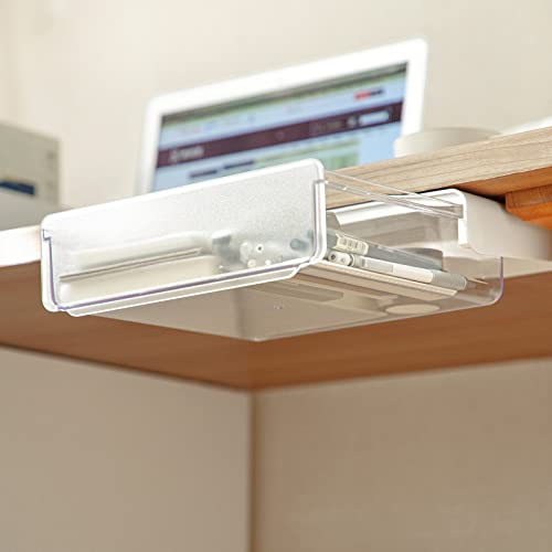 Hidden Small Slide Out Drawer Tray Storage Under Desk/Table Organizer with Handle to Pull and Double Self-adhesive, Extra Drawer for Home, School, Office, Table, Cabinet, Shelf, Clear