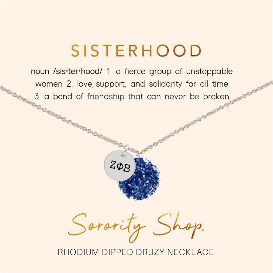 Sorority Shop ZPB Necklace - Zeta Phi Beta Blue Druzy Gemstone Necklace With Engraved Pendant – Rhodium Dipped Jewelry with Blue Gemstone – Sorority Gift, Charm Paraphernalia