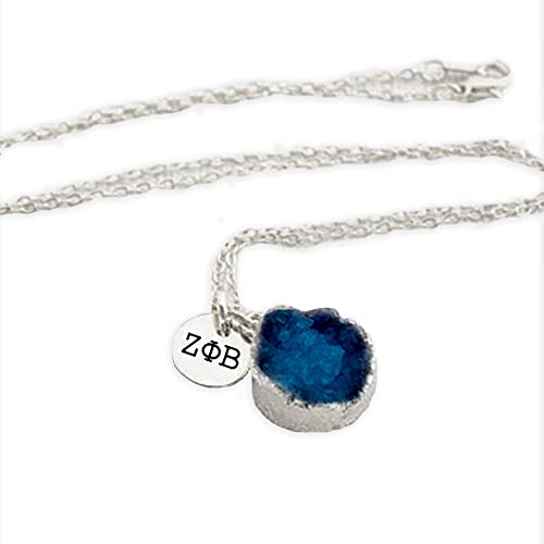 Sorority Shop ZPB Necklace - Zeta Phi Beta Blue Druzy Gemstone Necklace With Engraved Pendant – Rhodium Dipped Jewelry with Blue Gemstone – Sorority Gift, Charm Paraphernalia