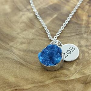 Sorority Shop ZPB Necklace - Zeta Phi Beta Blue Druzy Gemstone Necklace With Engraved Pendant – Rhodium Dipped Jewelry with Blue Gemstone – Sorority Gift, Charm Paraphernalia