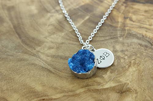 Sorority Shop ZPB Necklace - Zeta Phi Beta Blue Druzy Gemstone Necklace With Engraved Pendant – Rhodium Dipped Jewelry with Blue Gemstone – Sorority Gift, Charm Paraphernalia