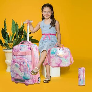 Egchescebo Kids Rolling Unicorn School Backpack for Girls Luggage Suitcase With Wheels Trolley Wheeled Backpacks for Travel Bags 18' 3PCS Girls Unicorn Backpack With Lunch Box Pink