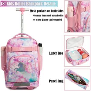 Egchescebo Kids Rolling Unicorn School Backpack for Girls Luggage Suitcase With Wheels Trolley Wheeled Backpacks for Travel Bags 18' 3PCS Girls Unicorn Backpack With Lunch Box Pink