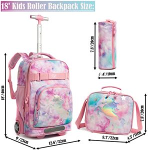 Egchescebo Kids Rolling Unicorn School Backpack for Girls Luggage Suitcase With Wheels Trolley Wheeled Backpacks for Travel Bags 18' 3PCS Girls Unicorn Backpack With Lunch Box Pink