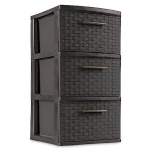 Sterilite 3 Drawer Wicker Weave Decorative Storage Organization Container Cabinet Tower with Driftwood Handles, Espresso (8 Pack)