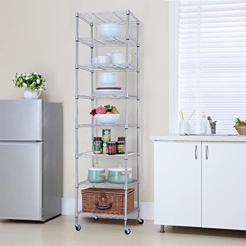 Finnhomy Heavy Duty 8 Tier Wire Shelving with Wheels 18x18x72.8-inches 8 Shelves Storage Rack Thicken Steel Tube, Pantry Shelves for Storage, Adjustable Shelving Unit, NSF Certified, Chrome