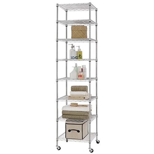 Finnhomy Heavy Duty 8 Tier Wire Shelving with Wheels 18x18x72.8-inches 8 Shelves Storage Rack Thicken Steel Tube, Pantry Shelves for Storage, Adjustable Shelving Unit, NSF Certified, Chrome