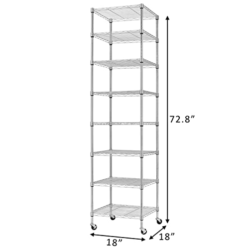 Finnhomy Heavy Duty 8 Tier Wire Shelving with Wheels 18x18x72.8-inches 8 Shelves Storage Rack Thicken Steel Tube, Pantry Shelves for Storage, Adjustable Shelving Unit, NSF Certified, Chrome