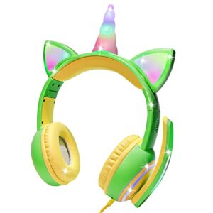 led lighting unicorn cat ear wired headphones, headphones for kids with microphone, kids headphones safe volume limit 85db, headphones for girls boys for online learning/school/travel/tabletgreen