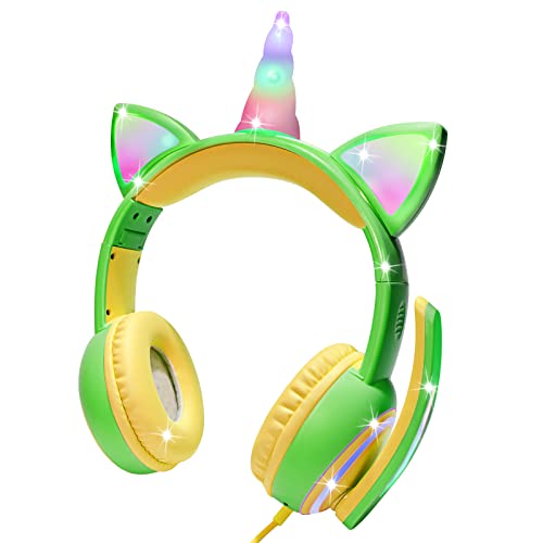 LED Lighting Unicorn Cat Ear Wired Headphones, Headphones for Kids with Microphone, Kids Headphones Safe Volume Limit 85DB, Headphones for Girls Boys for Online Learning/School/Travel/TabletGreen