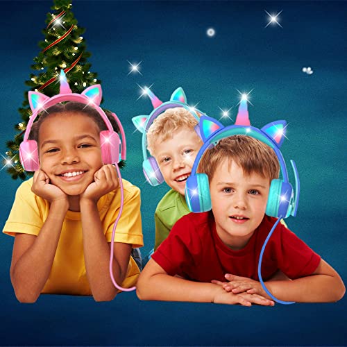 LED Lighting Unicorn Cat Ear Wired Headphones, Headphones for Kids with Microphone, Kids Headphones Safe Volume Limit 85DB, Headphones for Girls Boys for Online Learning/School/Travel/TabletGreen