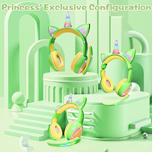 LED Lighting Unicorn Cat Ear Wired Headphones, Headphones for Kids with Microphone, Kids Headphones Safe Volume Limit 85DB, Headphones for Girls Boys for Online Learning/School/Travel/TabletGreen