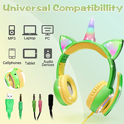 LED Lighting Unicorn Cat Ear Wired Headphones, Headphones for Kids with Microphone, Kids Headphones Safe Volume Limit 85DB, Headphones for Girls Boys for Online Learning/School/Travel/TabletGreen