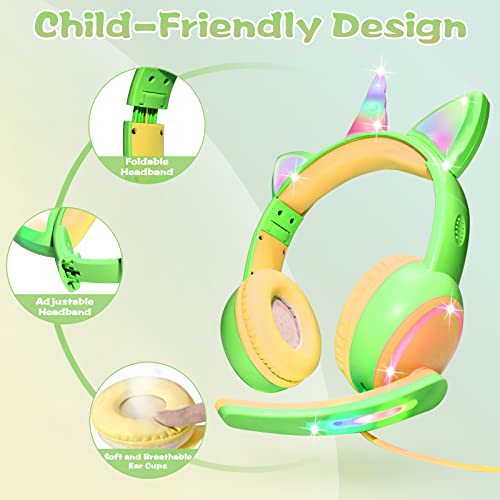 LED Lighting Unicorn Cat Ear Wired Headphones, Headphones for Kids with Microphone, Kids Headphones Safe Volume Limit 85DB, Headphones for Girls Boys for Online Learning/School/Travel/TabletGreen